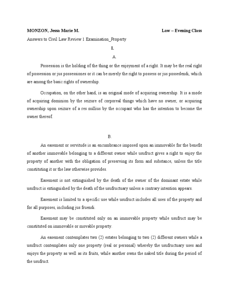 Answers To Civil Law Review Exam - Property | PDF | Easement ...