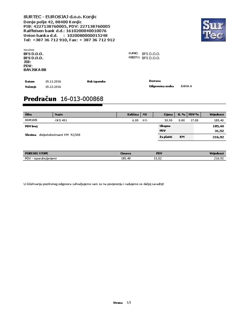 PREDRAČUN - Surtec 16-013-000868 | PDF