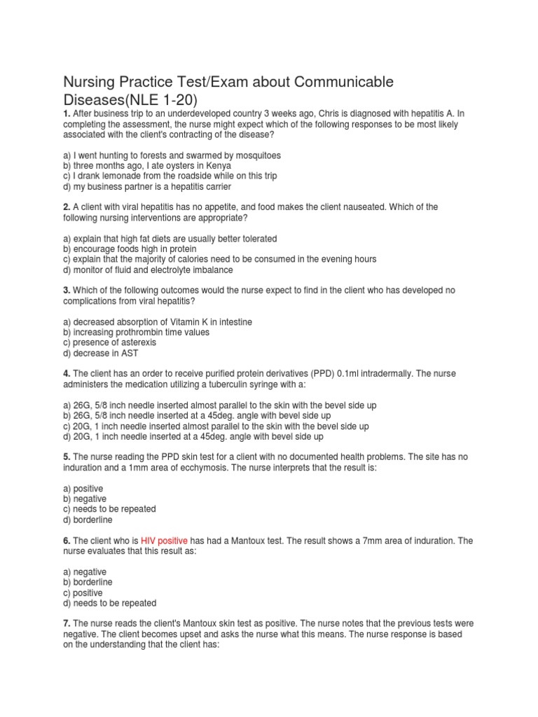 Nursing Practice Test/Exam About Communicable Diseases (NLE 1-20) | PDF