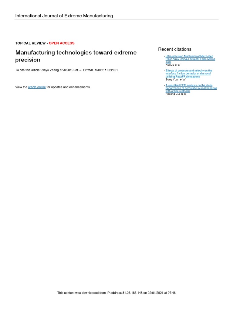 Manufacturing Technologies Toward Extreme Precision | PDF ...