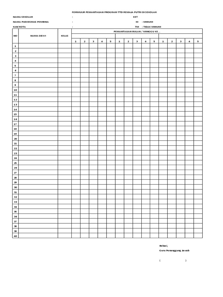 Formulir Pemantauan Program TTD Remaja Putri Di Sekolah | PDF