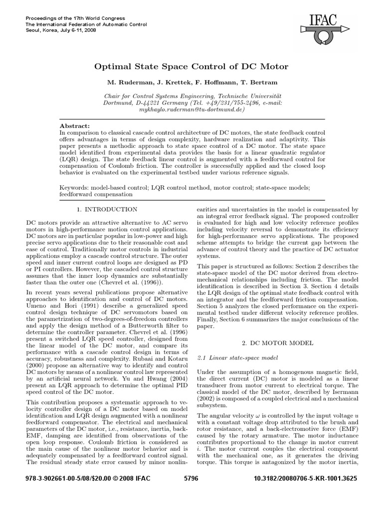 Optimal State Space Control Dc Motor Pdf Electric Motor Control Theory