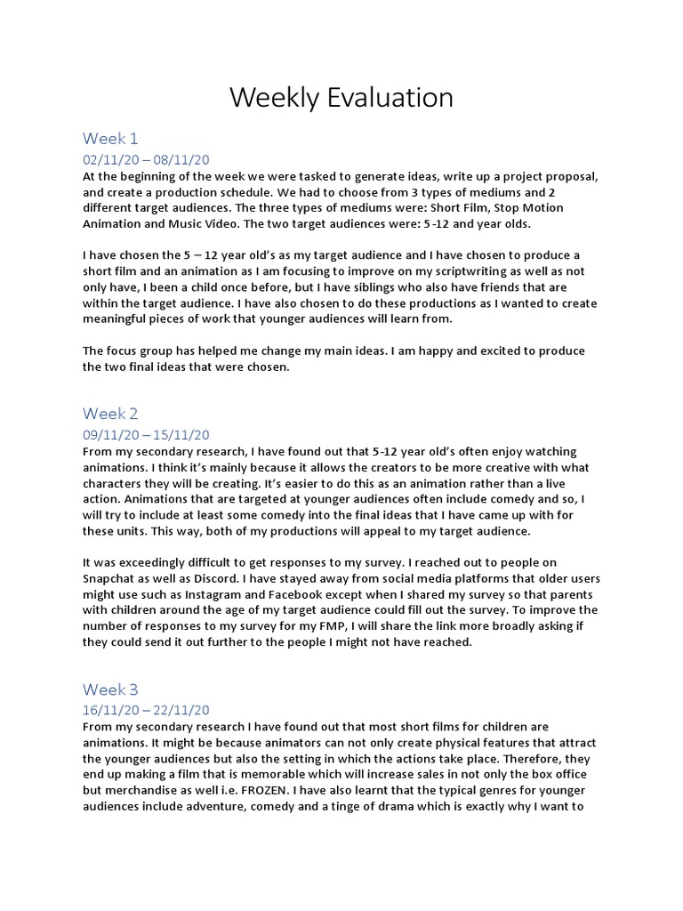 Weekly Evaluation | Download Free PDF | Animation | Target Audience