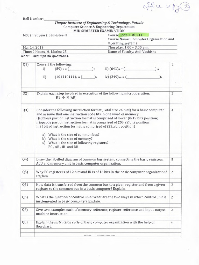 Computer Organization and Operating Systems Midterm Exam: Addressing Computer Architecture ...