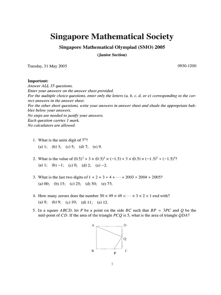 Junior Section - SMO Singapore Mathematical Olympiad 2005 | PDF ...