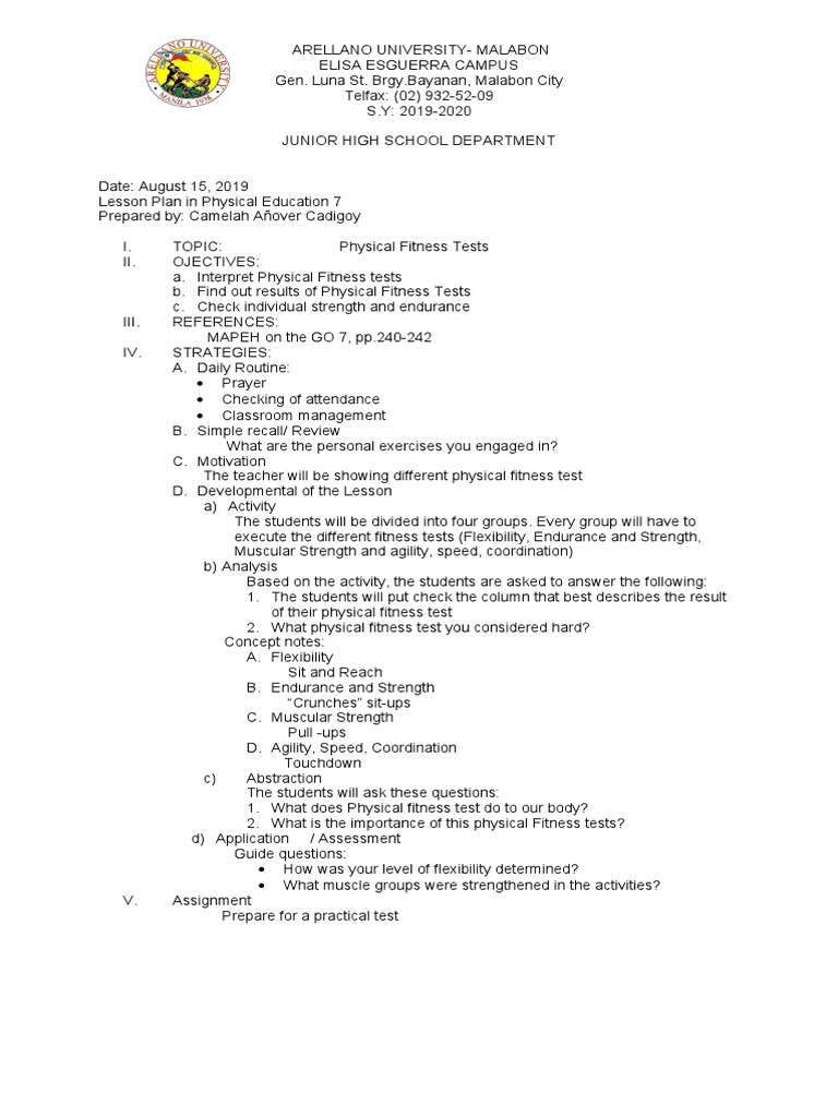 Lesson Plan in P.E (August 15) | PDF | Test (Assessment) | Lesson Plan