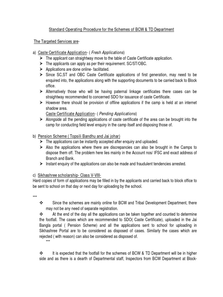 Standard Operating Procedure For The Schemes of BCW & TD Department ...