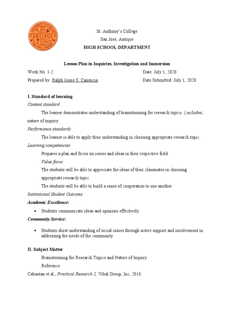 Research Topic Brainstorming Lesson Plan | PDF | Brainstorming ...