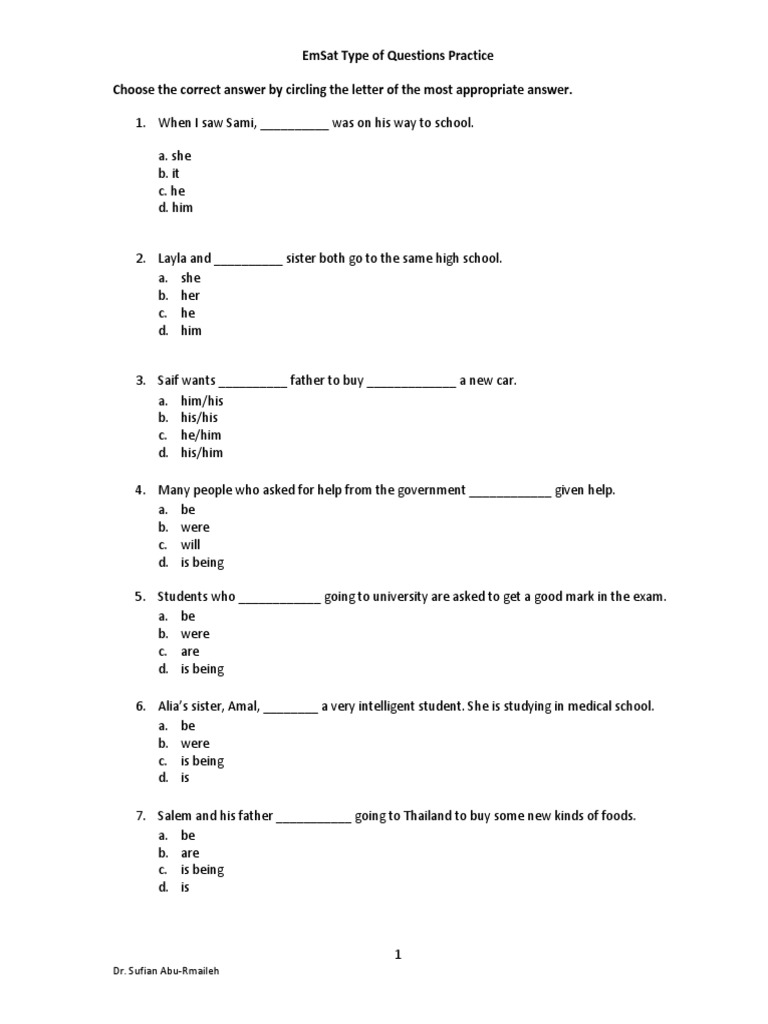 Emsat Type of Questions Practice Choose The Correct Answer by Circling ...