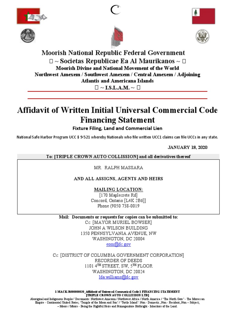 Affidavit of Written Initial Universal Commercial Code Financing ...