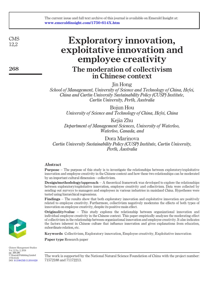 Exploratory Innovation, Exploitative Innovation and Employee Creativity ...