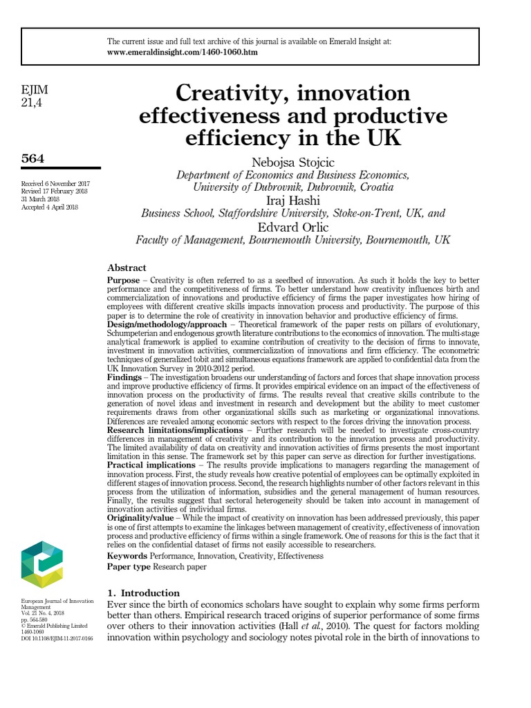 Creativity, Innovation Effectiveness and Productive Efficiency in The ...