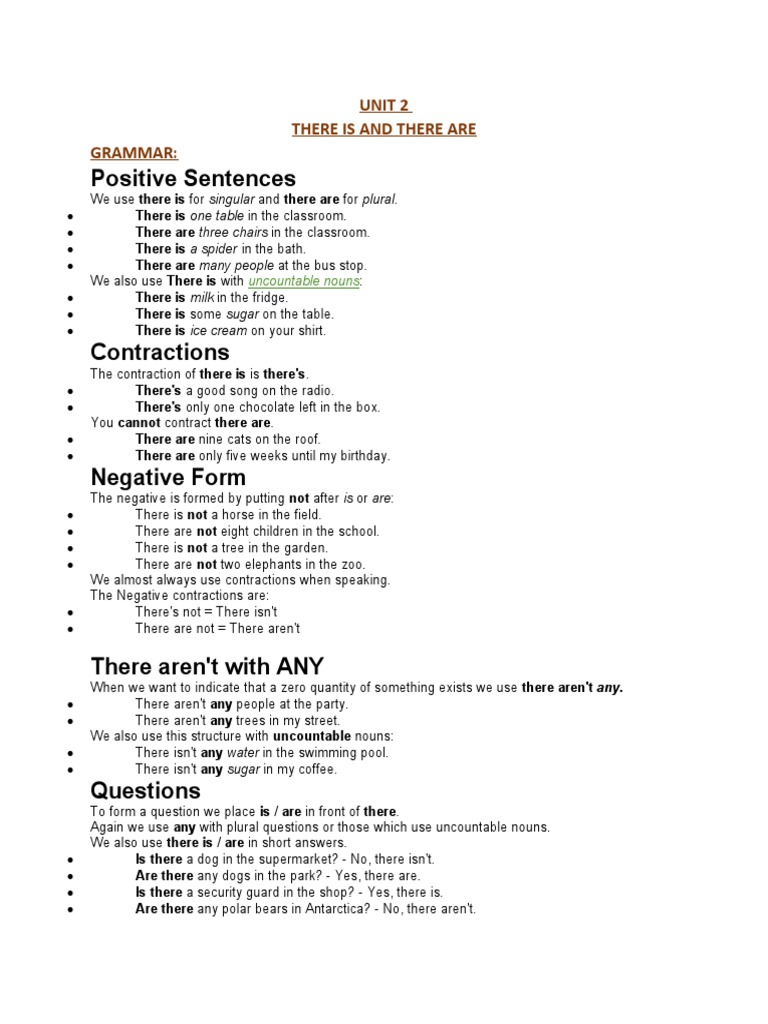 Positive Sentences: Unit 2 There Is and There Are Grammar | PDF ...