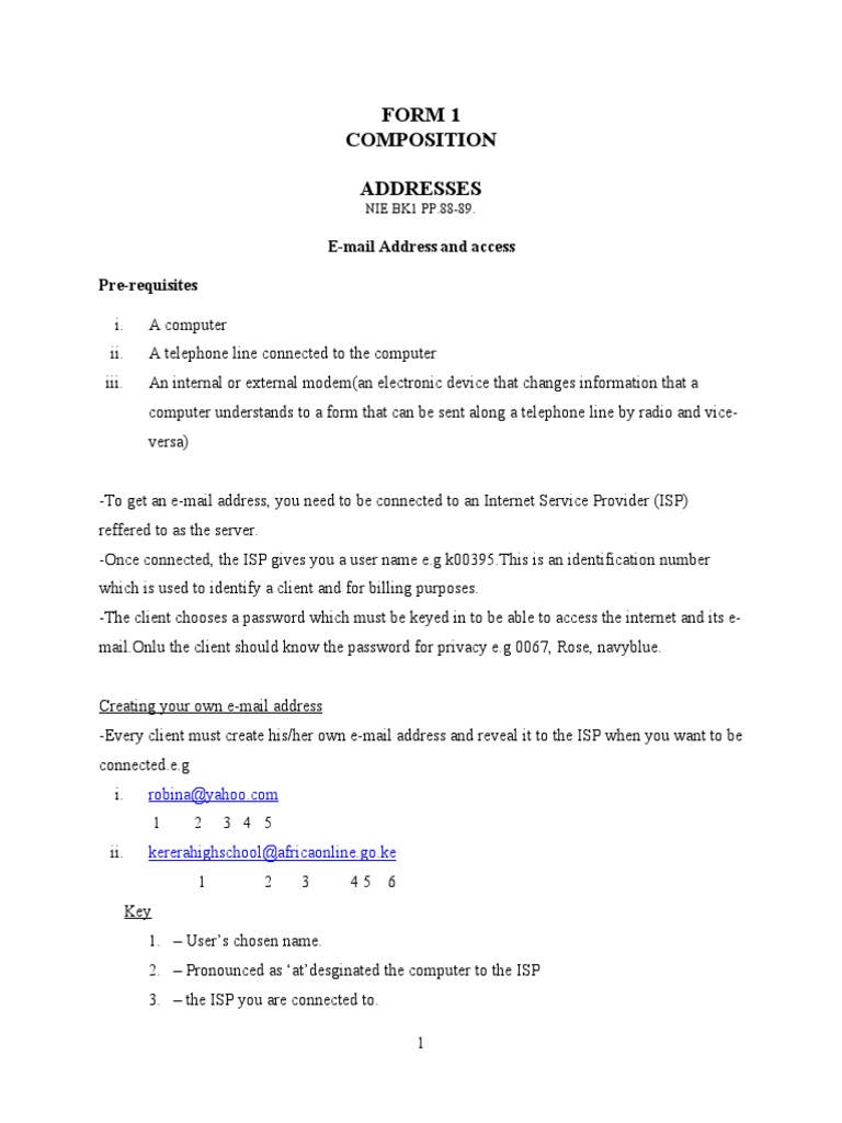 Form 1 Composition Addresses: E-Mail Address and Access Pre-Requisites ...