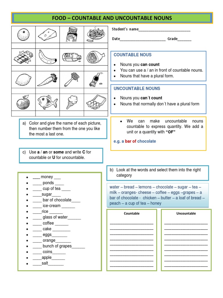 Countable and Uncountable Nouns Worksheet | PDF | Noun | Plural