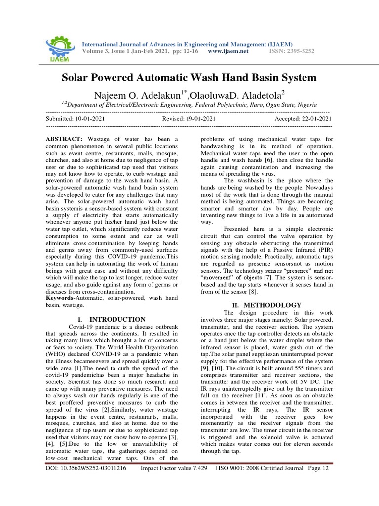 Solar Powered Automatic Wash Hand Basin System | PDF | Relay ...