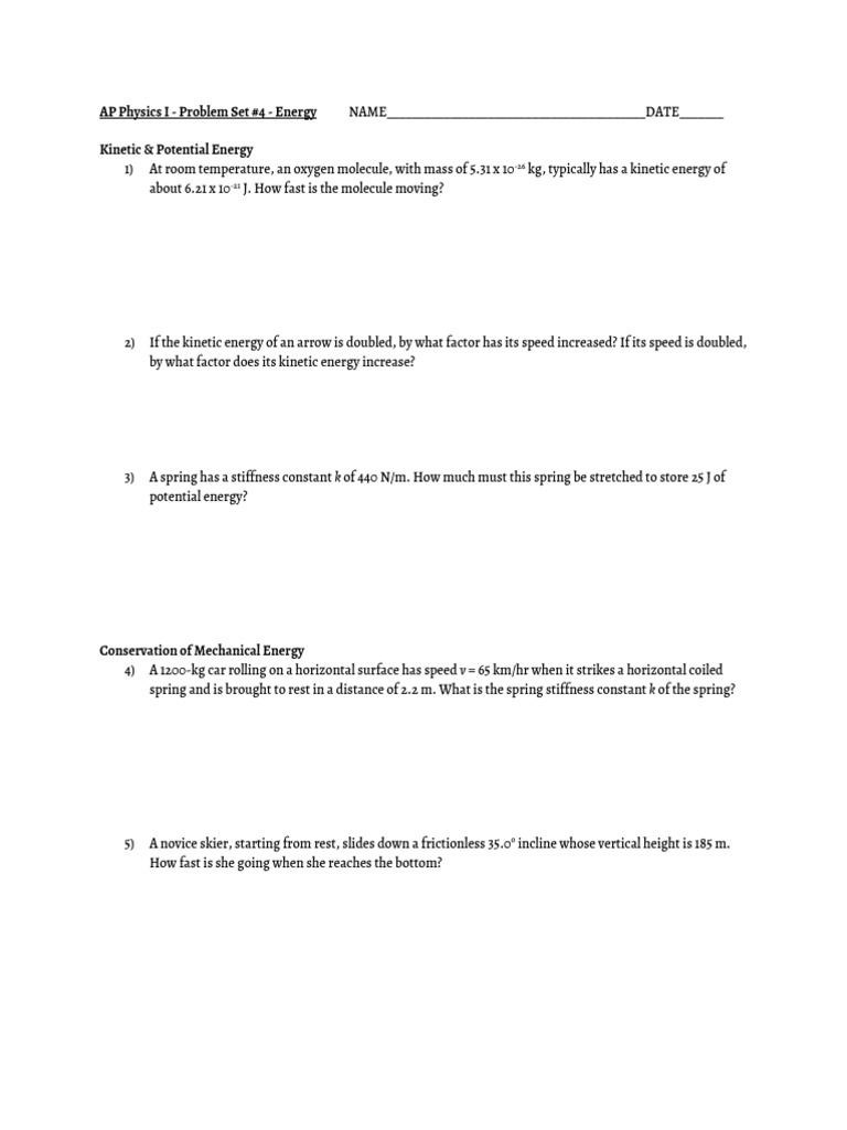 AP Physics I - Problem Set #4 - Energy Kinetic & Potential Energy | PDF ...