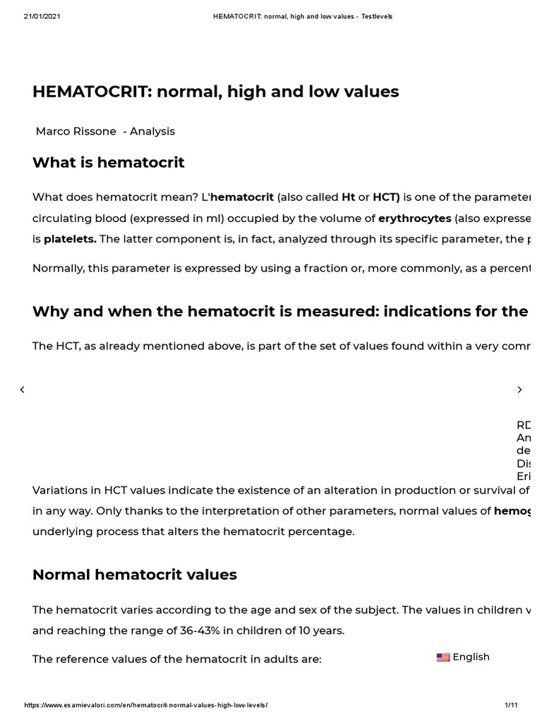 HEMATOCRIT - Normal, High and Low Values - Testlevels | PDF | Anemia ...