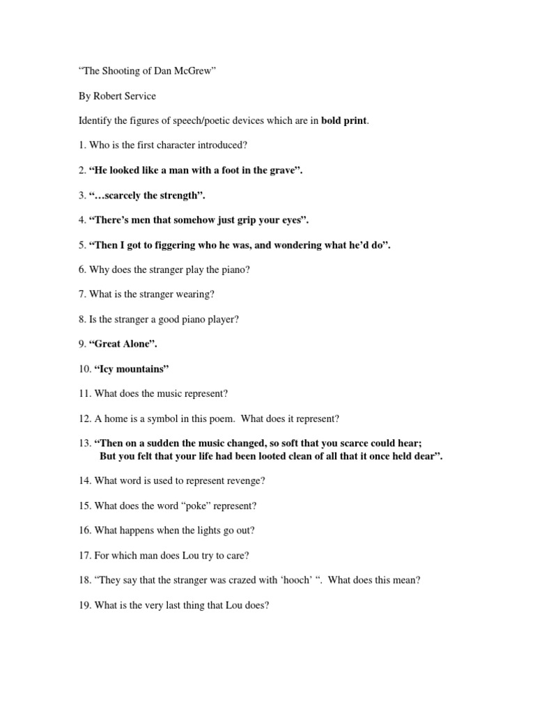 The Shooting of Dan Mcgrew Questions | PDF