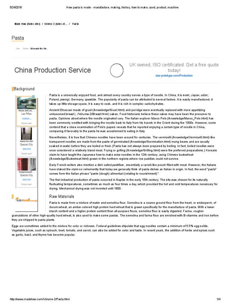 How Pasta Is Made Manufacture Making His | PDF | Pasta | Dough