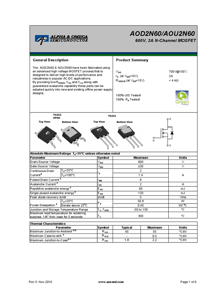 AOD2N60 Alpha & Omega Semiconductor Datasheet 14060400 | PDF | Field Effect Transistor | Diode