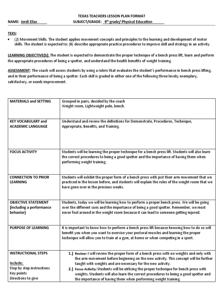 9th Grade PE: Bench Press Lesson Plan | PDF | Weight Training | Lesson Plan