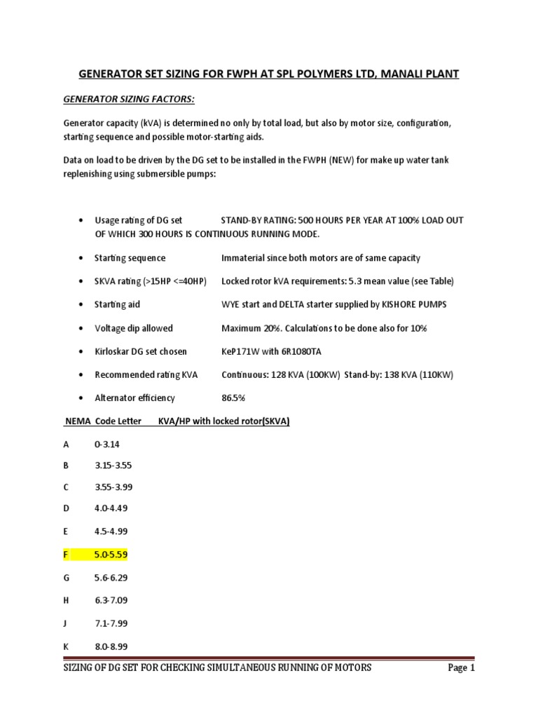 Generator Set Sizing | PDF | Electric Motor | Power Engineering