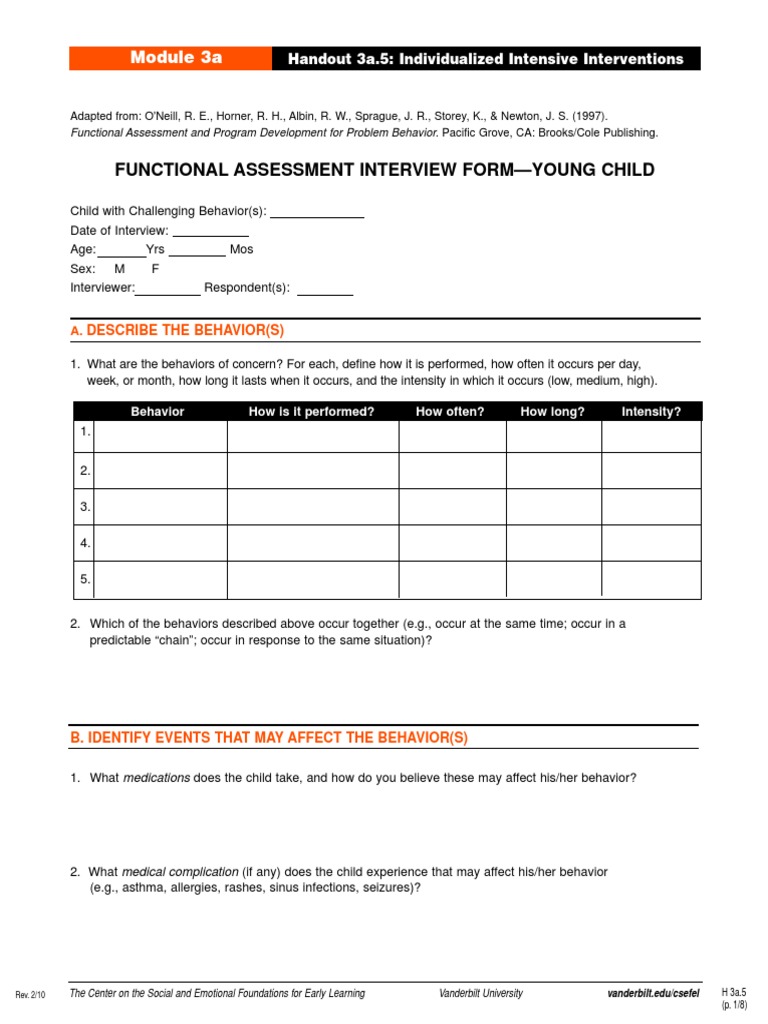 Functional Assessment Interview Form-Young Child: Module 3a | PDF ...