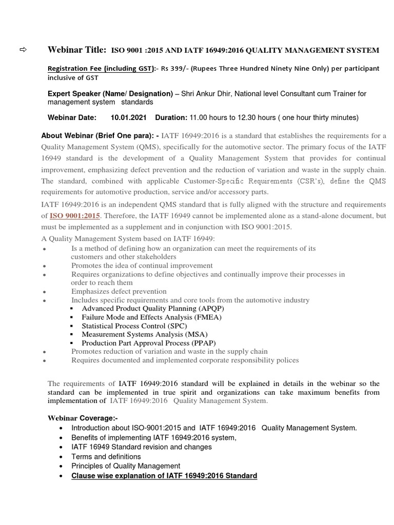 IATF 16949:2016 Webinar Overview | PDF | Quality Management System ...
