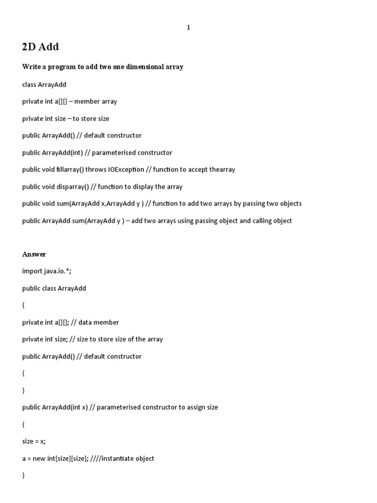 2D Add: Write A Program To Add Two One Dimensional Array | PDF | Programming | Constructor ...