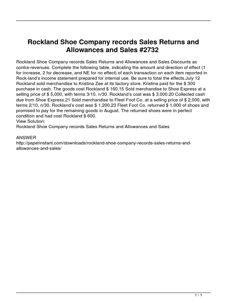 Rockland Shoe Company Records Sales Returns and Allowances and Sales | PDF