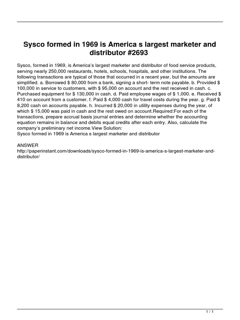 Sysco Formed in 1969 Is America S Largest Marketer and Distributor | PDF