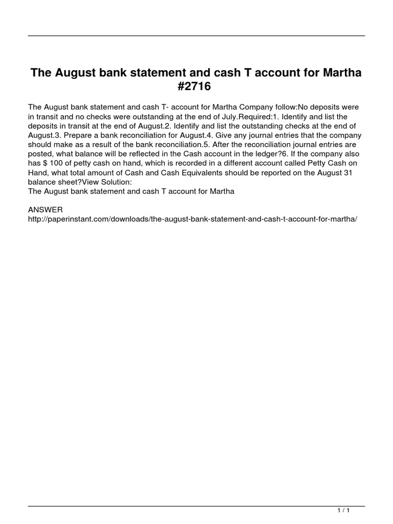 The August Bank Statement and Cash T Account For Martha | PDF