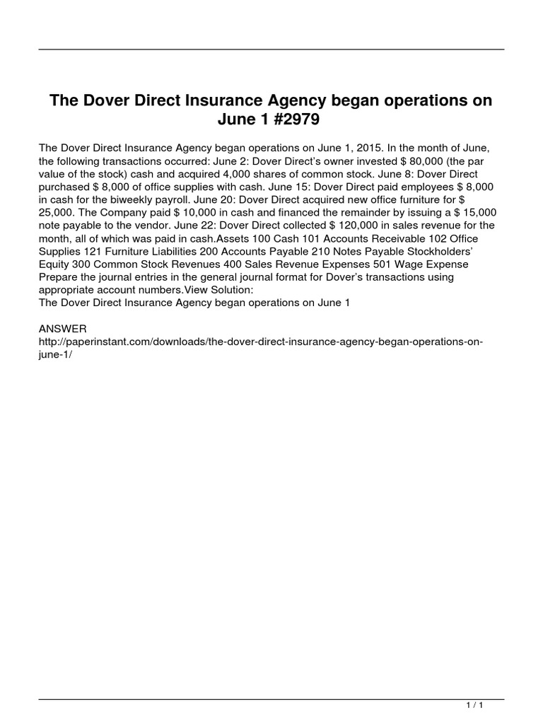 The Dover Direct Insurance Agency Began Operations On June 1 | PDF