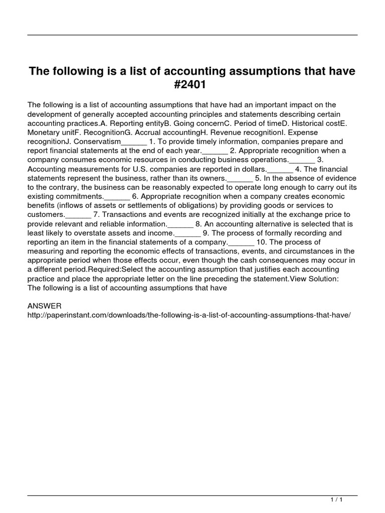 The Following Is A List of Accounting Assumptions That Have | PDF ...