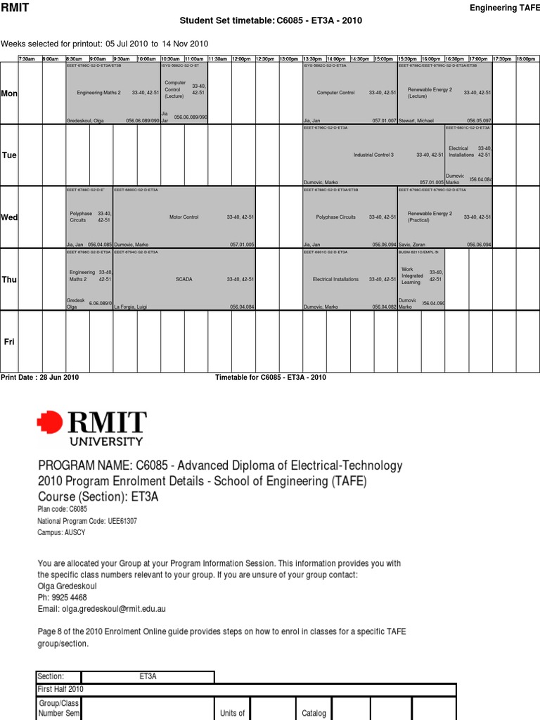 RMIT Engineering TAFE Timetable and Course Details for ET3A 2010 | PDF ...