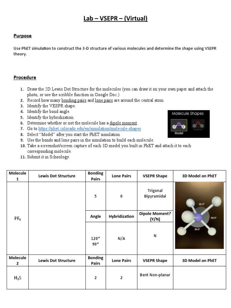 Virtual VSEPR Lab Activity | PDF | Atomic Physics | Molecular Physics