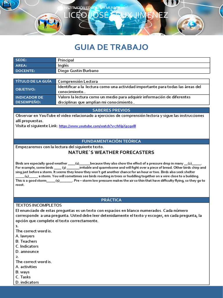 Guía de Comprensión Lectora en Inglés Grado 11° | PDF | Clima | Pronóstico
