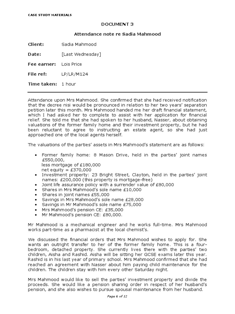 Document 3 Attendance Note Re Sadia Mahmood Client: Date: Fee Earner ...