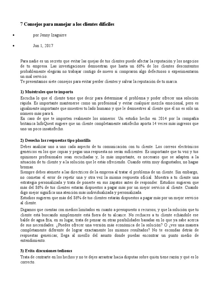 7 Consejos Para Manejar A Los Clientes Difíciles Pdf Cliente