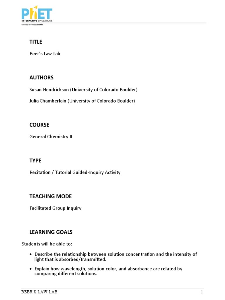Beers Law Lab GuidedInquiry Annotated | PDF | Absorbance | Color