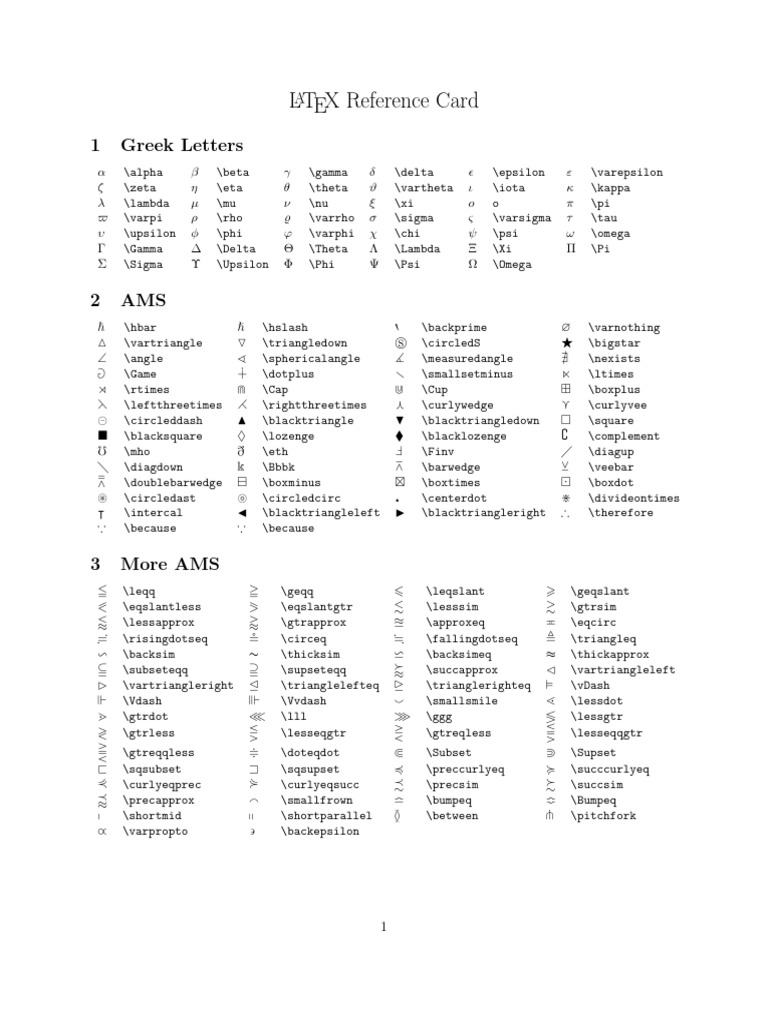 L TEX Reference Card: 1 Greek Letters | PDF | Greek Alphabet | Western ...
