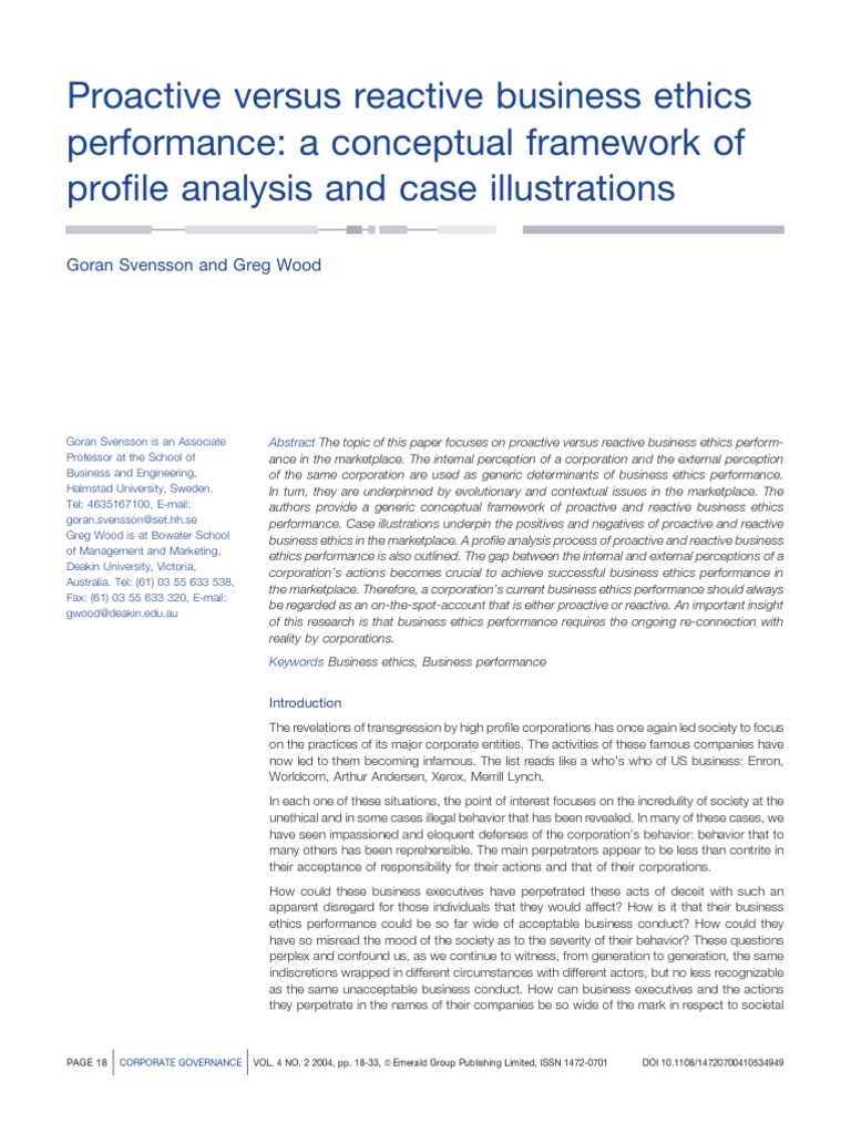 Proactive Versus Reactive Business Ethics Performance: A Conceptual ...