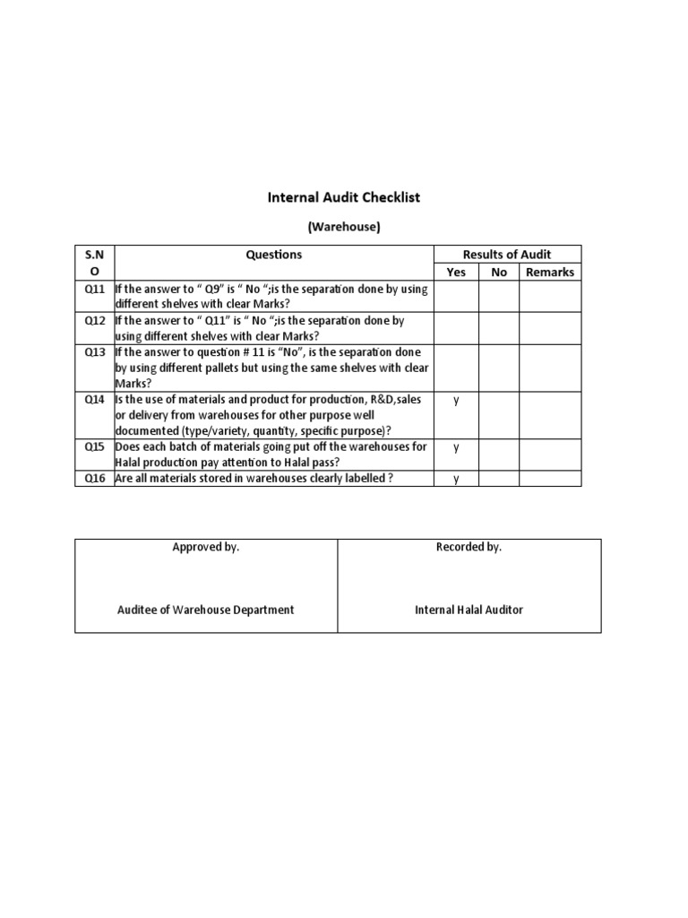 Internal Audit Checklist Halal (Warehouse) Continue 02 | PDF