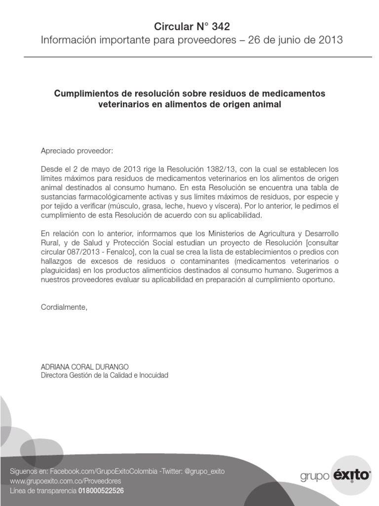 RESIDUOS DE MEDICAMNETOS VETERINARIOS Circular 342 | PDF