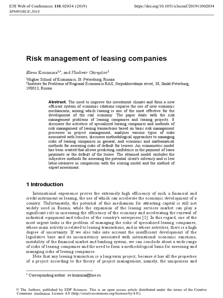 Risk management of leasing companies: Еlena Kouzmina | PDF | Risk | Lease
