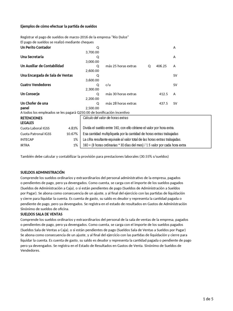 Ejemplos Partidas Contables Sueldos | PDF | Salario | Contabilidad