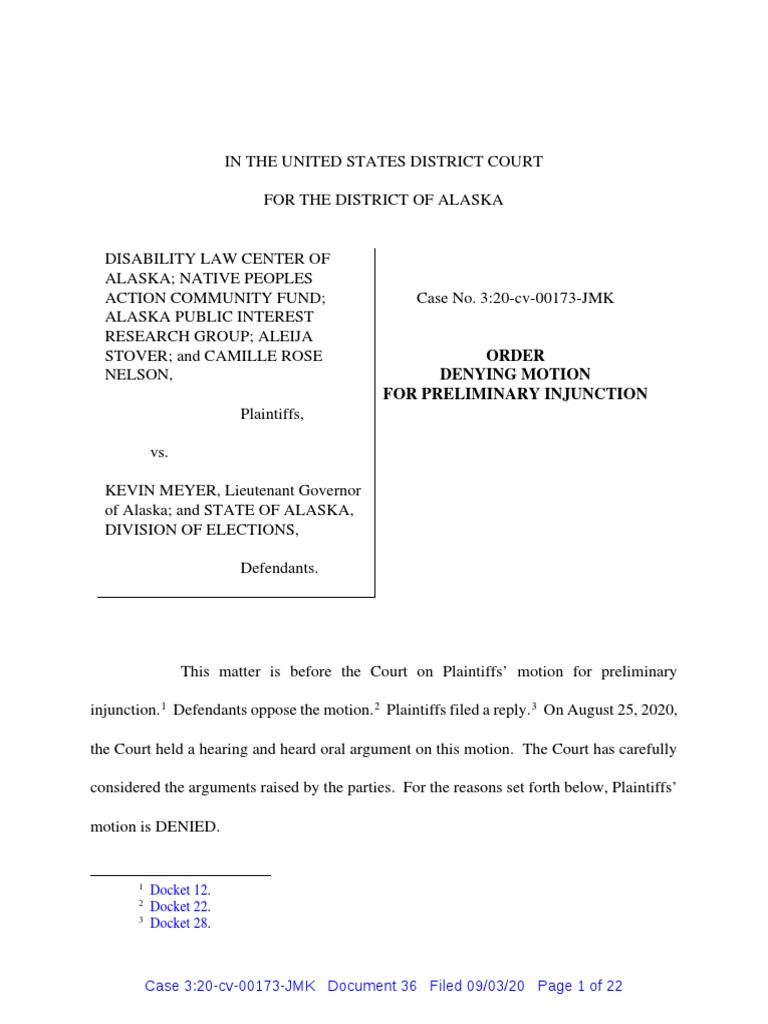 Order Denying Motion For Preliminary Injunction | PDF | Absentee Ballot | Burden Of Proof (Law)