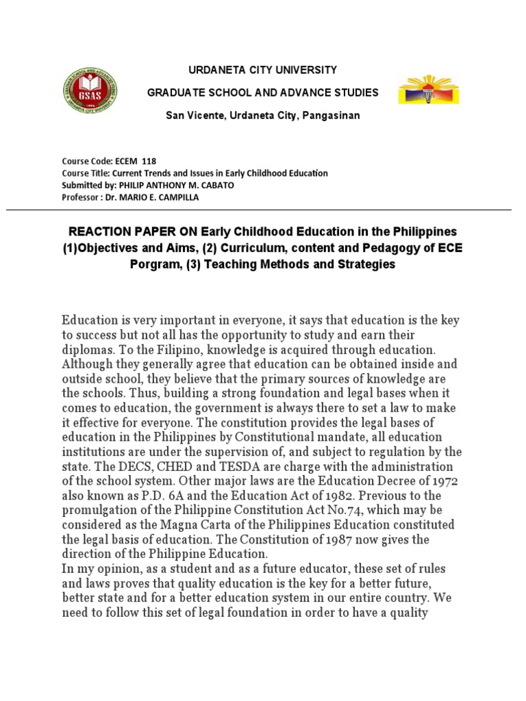 REACTION PAPER On Early Childhood Education in The Philippines (1 ...