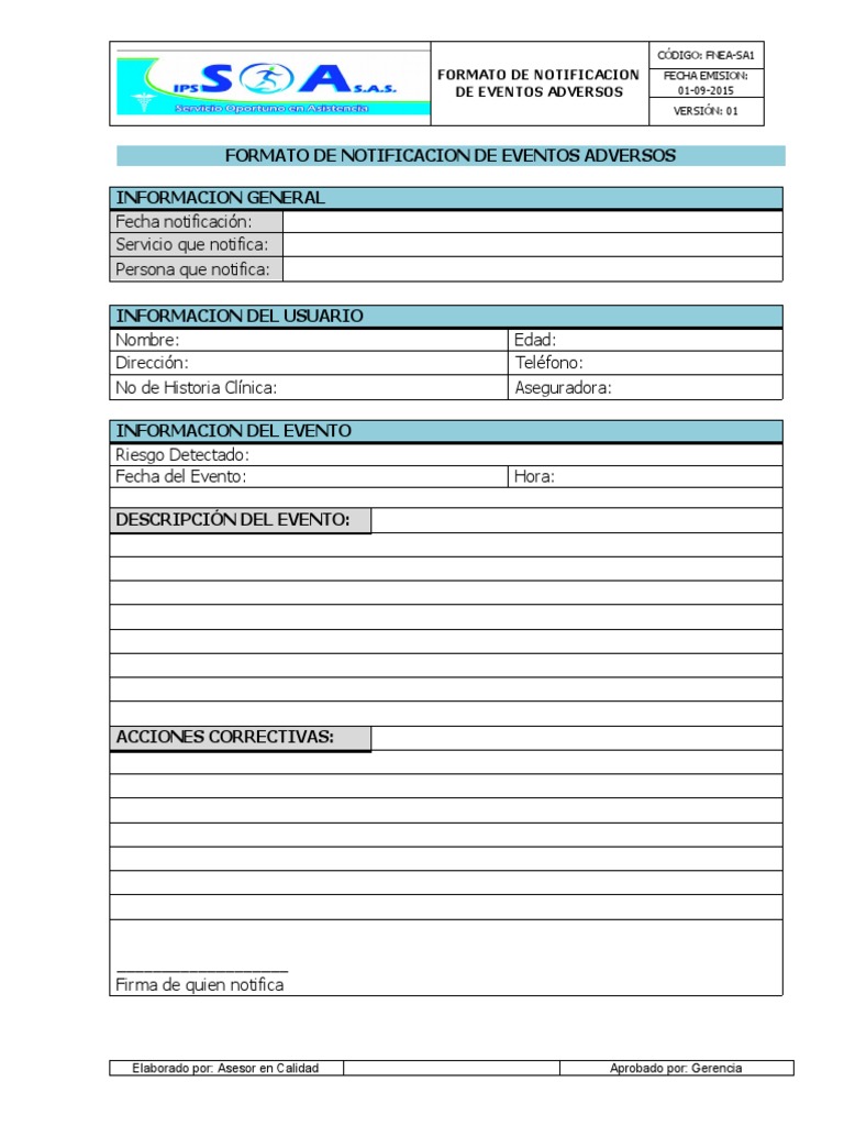 Formato De Notificacion De Eventos Adversos Pdf
